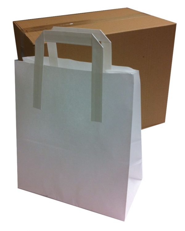 (WHITE) Paper SOS Carrier Bags with Flat Handles Block Bottom 8″x10″+5 ...